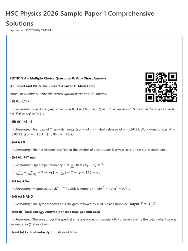HSC Physics 2026 Sample Paper 1 Comprehensive Solutions | PDF ...