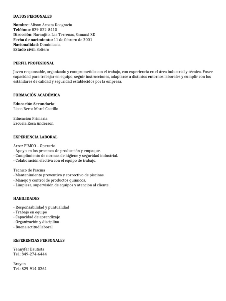 Curriculum Alison Acosta Deogracia | PDF