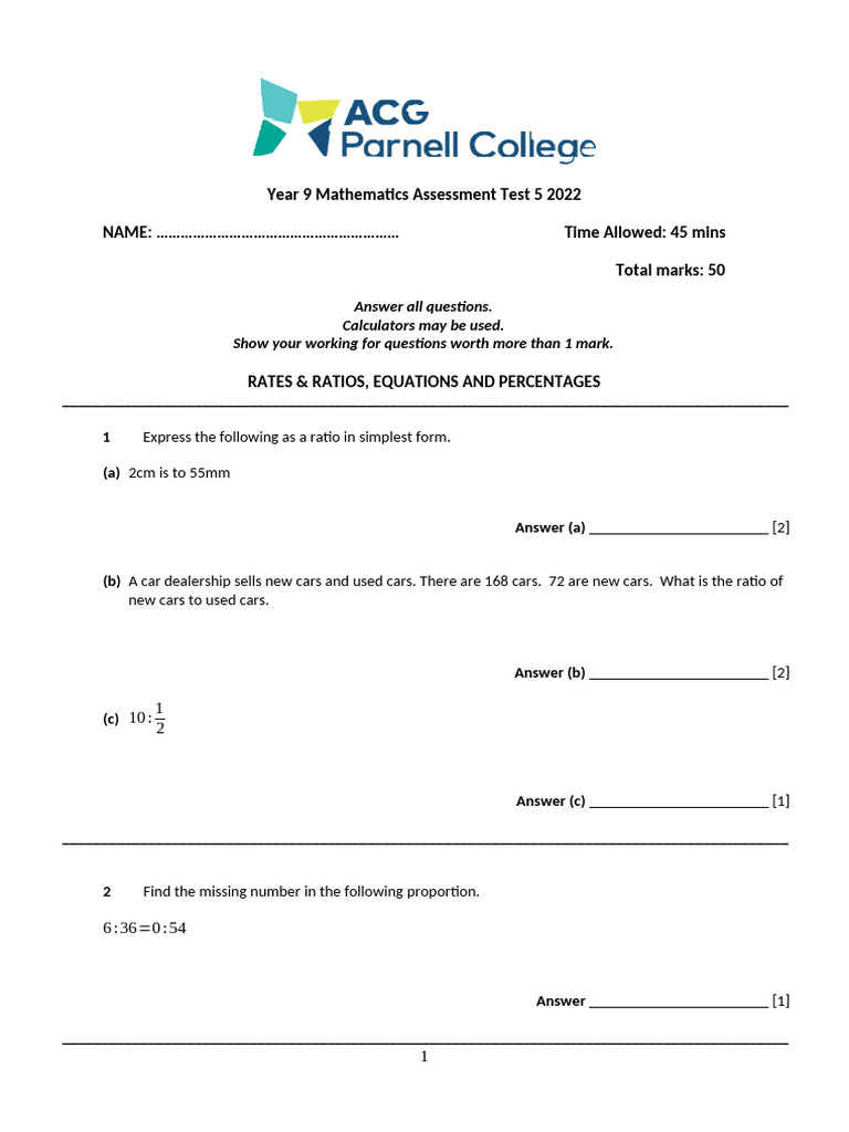 2022 Year 9 CT5 Rates & Ratios Equations and Percentages QP | PDF ...