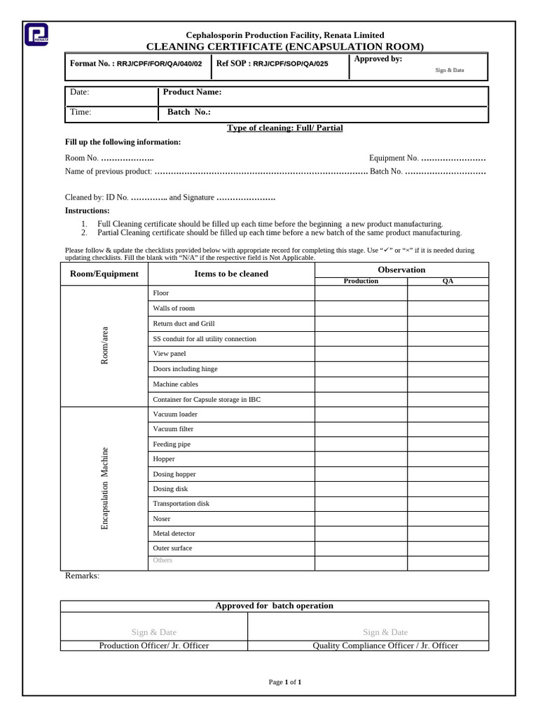 Cleaning Certificate (Encapsulation Room) | PDF | Equipment