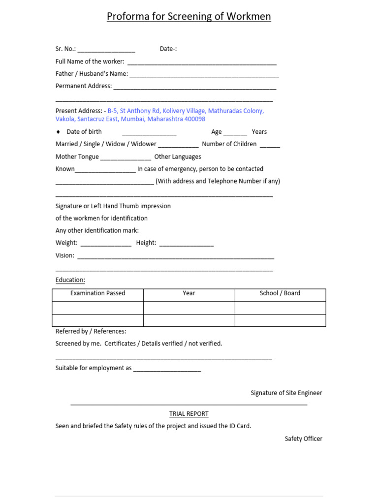 Proforma For Screening Workmen | PDF