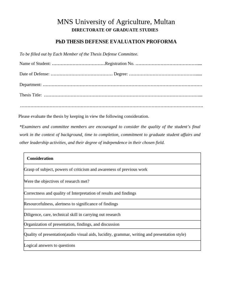 Thesis Defense Evaluation Proforma | PDF