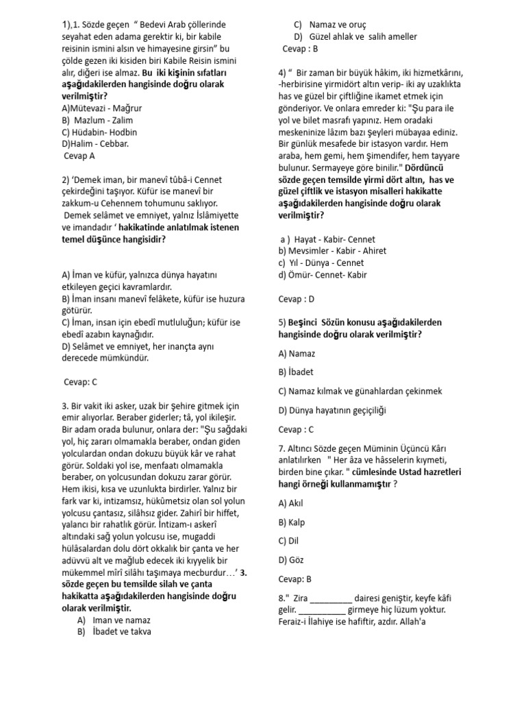 Iman Ve Kufur Muvazeneleri Sorular | PDF