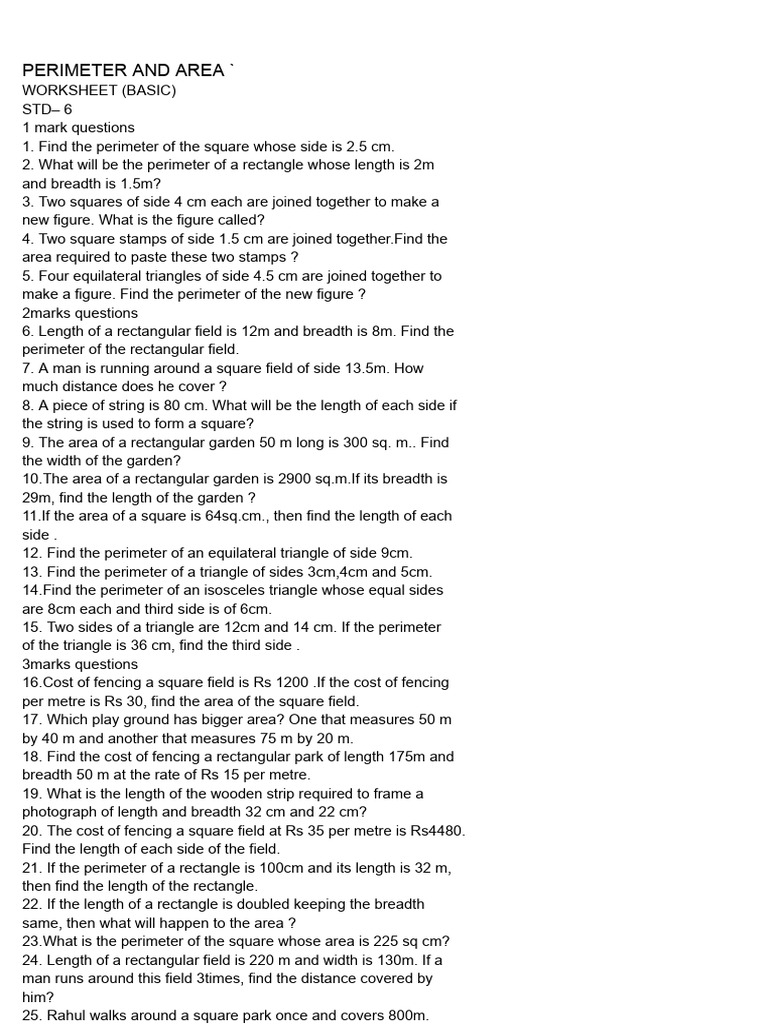 PERIMETER AND AREA Practice Questions | PDF | Length | Area