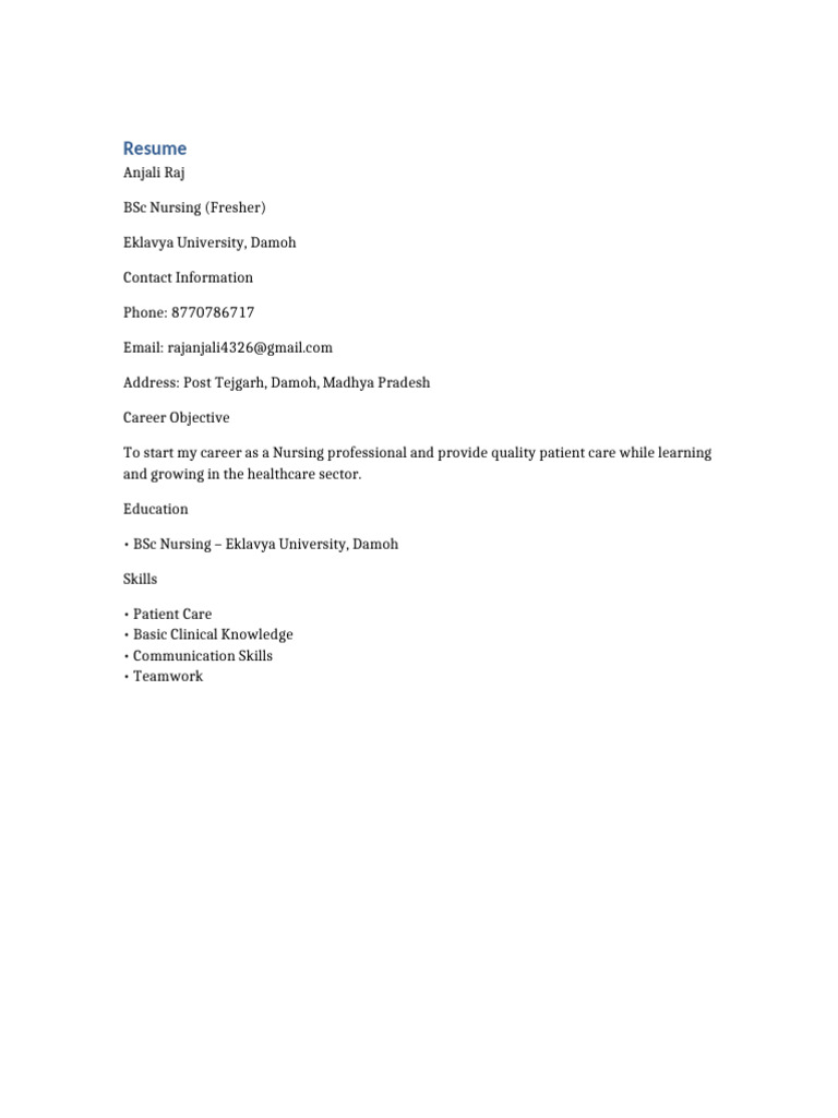 Anjali Raj BSC Nursing Resume | PDF