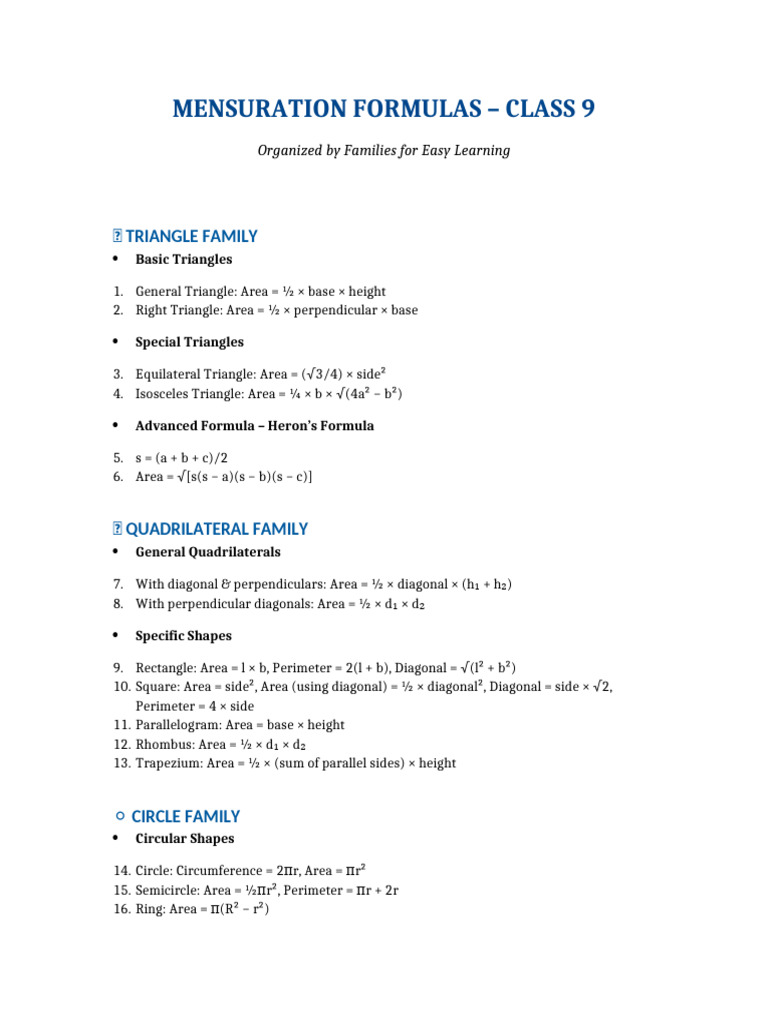 Mensuration Formulas Class9 | PDF