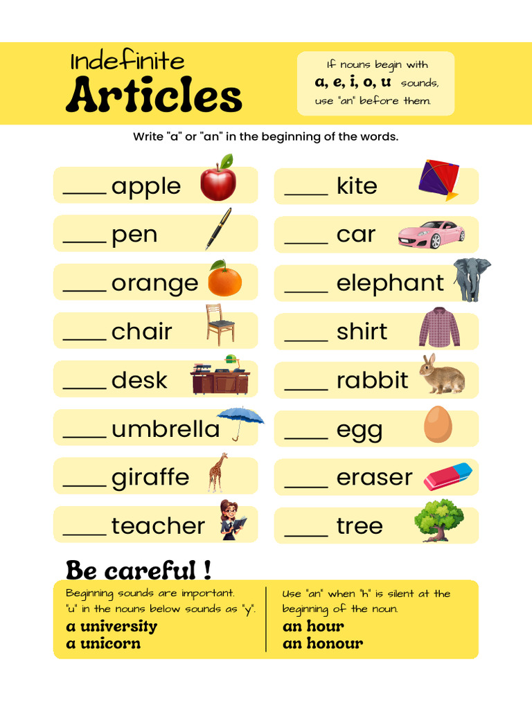 Indefinite Articles English Grammar Worksheet in Yellow Illustrative ...