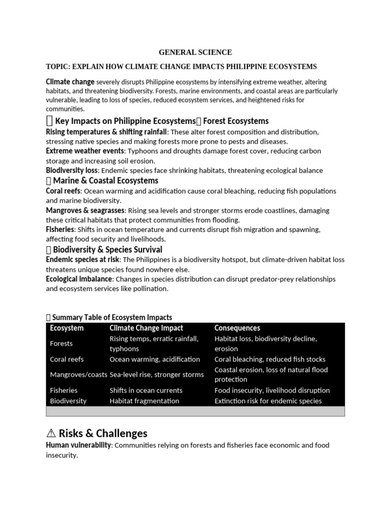 LC 10 Explain How Climate Change Impacts Philippine Ecosystems | PDF ...