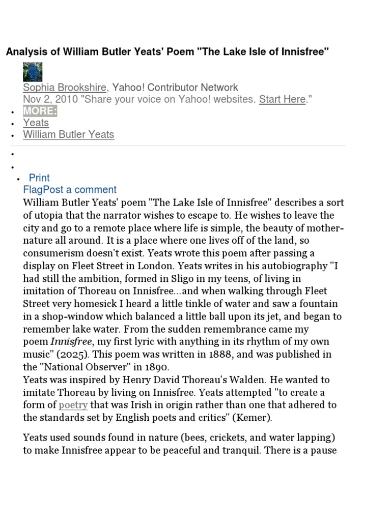Yeats' "The Lake Isle of Innisfree" Analysis | PDF | Poetry