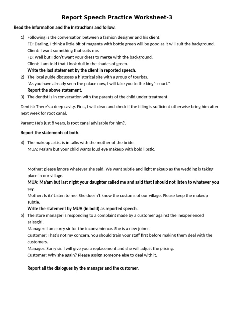Reported Speech Practice Worksheet | PDF