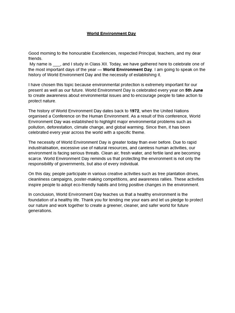 World Environment Day-SPEECH WRITING | PDF