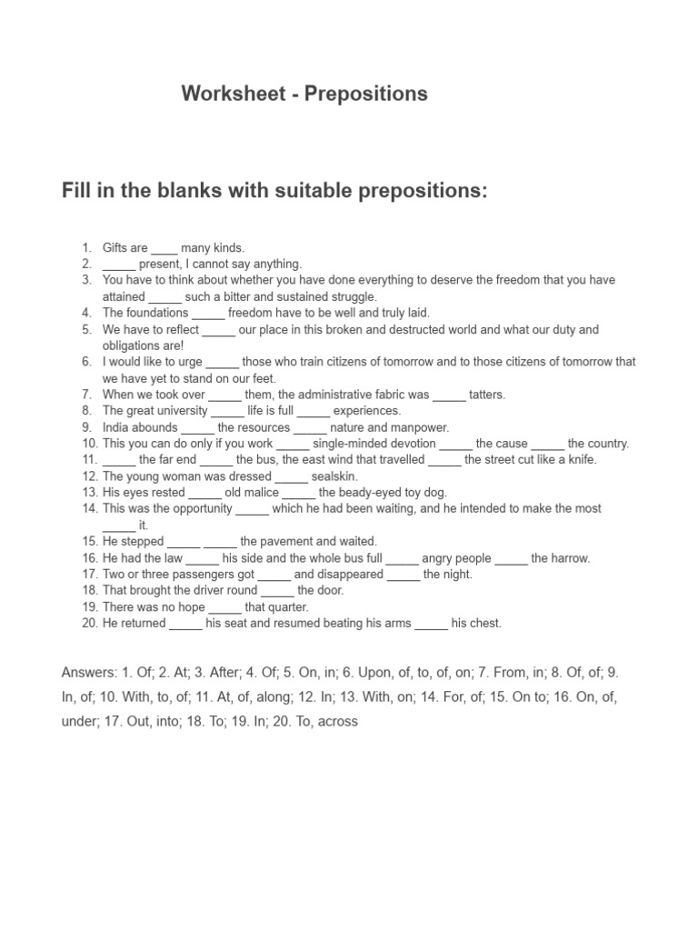 Worksheet Prepositions | PDF