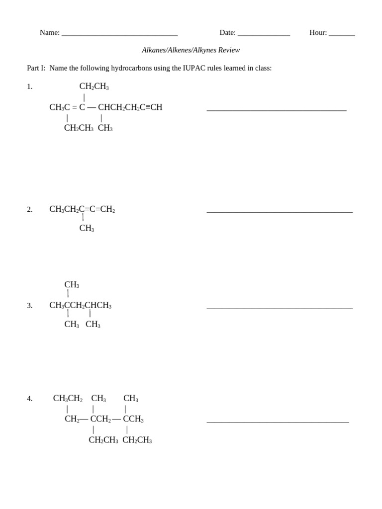 Alkanes Alkenes Alkynes Review | PDF