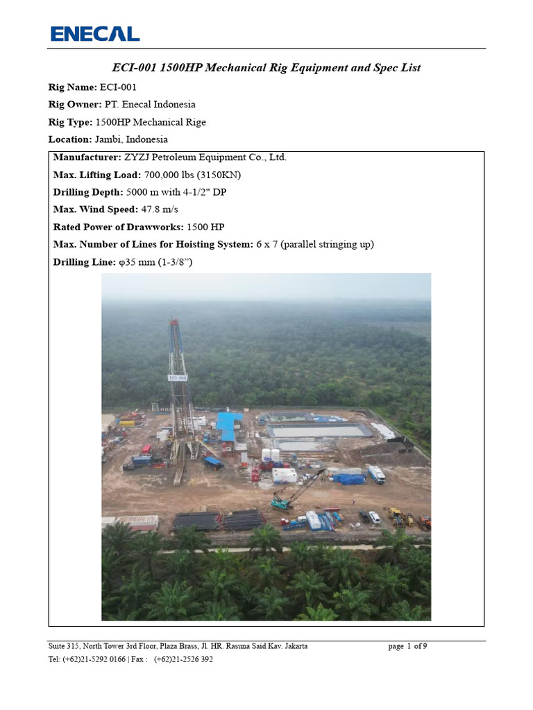 1500HP ECI-001 Rig Equipment List - Jambi - Indonesia | PDF