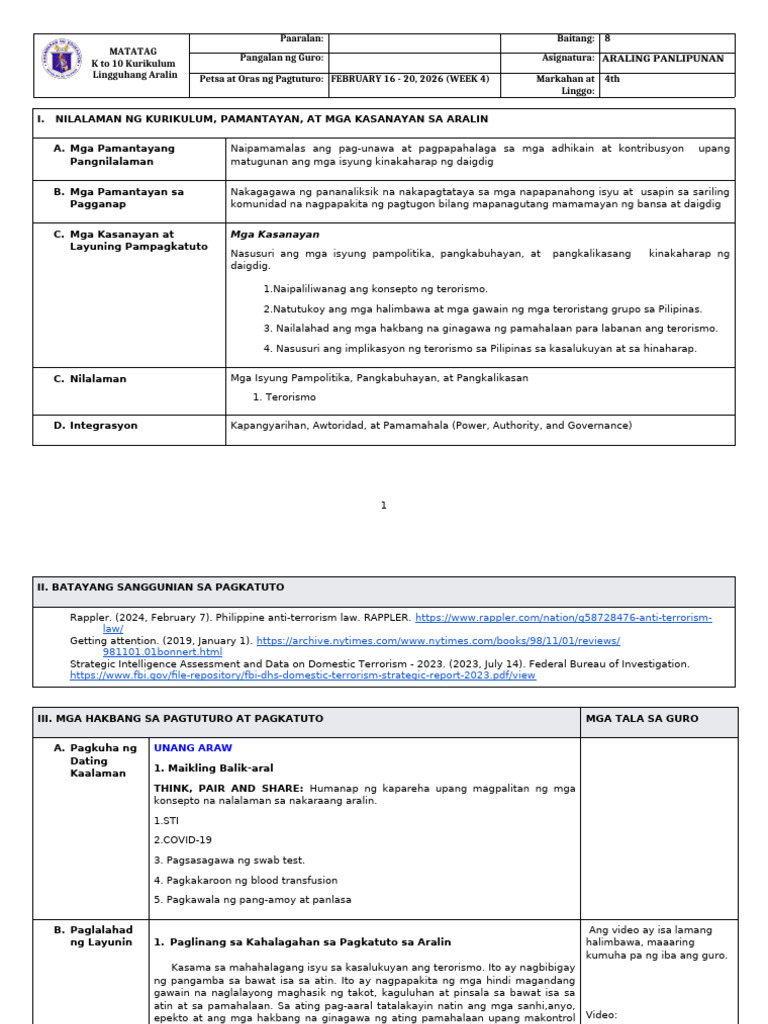 Grade 8 DLL Matatag - Ap - q4 - Week 4 | PDF