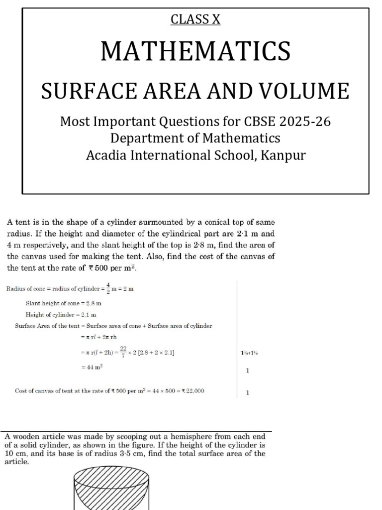 SURFACE AREA and VOLUME Most Important Questions For 2025-26 ...