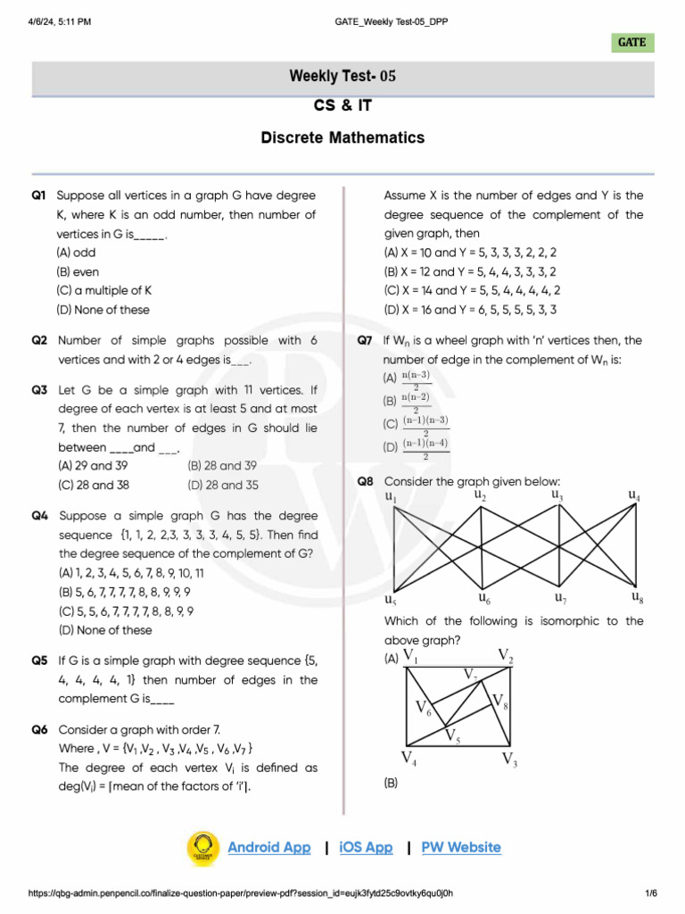 Discrete Mathematics _Weekly Test 05_ Test Paper.pdf | PDF | Vertex ...