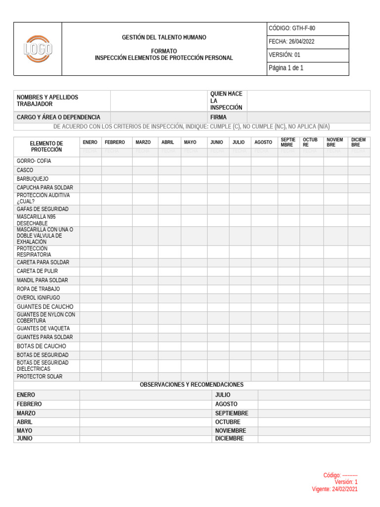 Formato de Revisión de Elementos de EPP | PDF | Equipo de protección ...