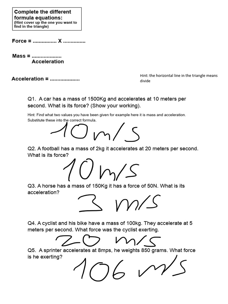 Force Mass and Accleration Basic Sheet | PDF