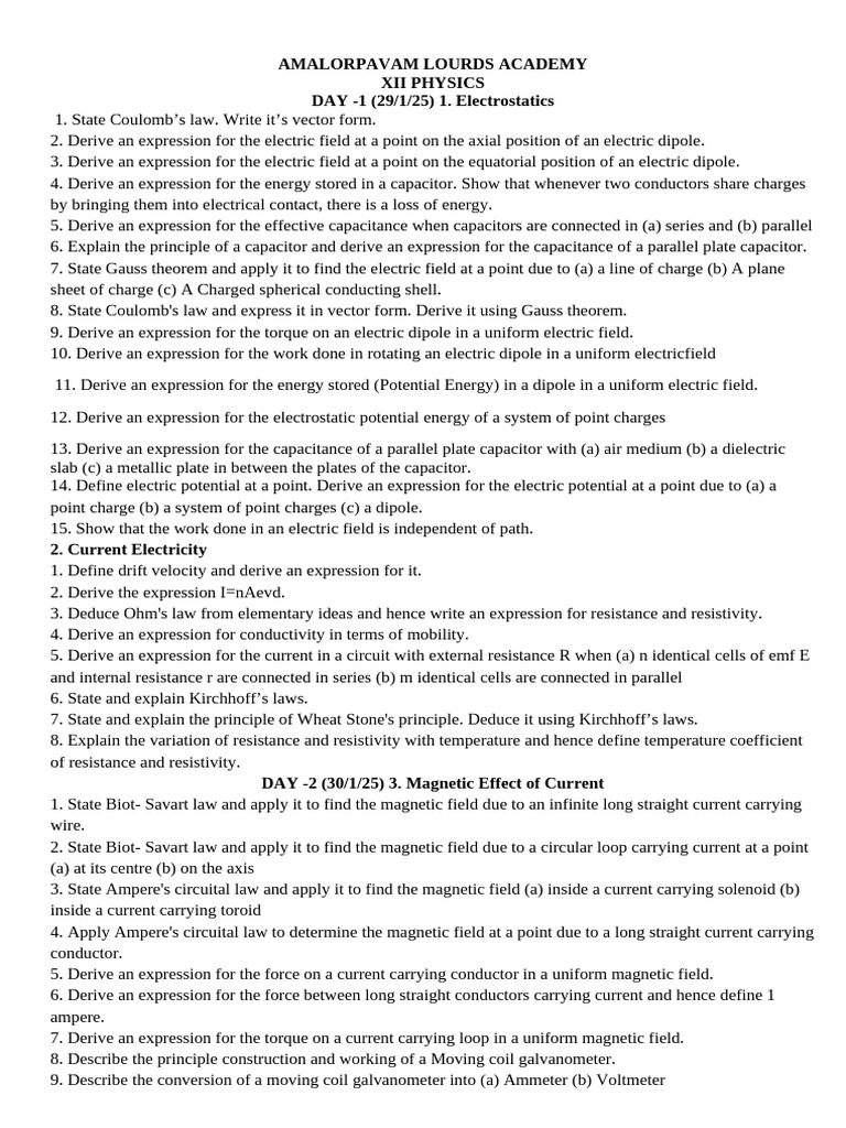 Class 12 Physics Important Questions For Board Exam 2026 | PDF ...