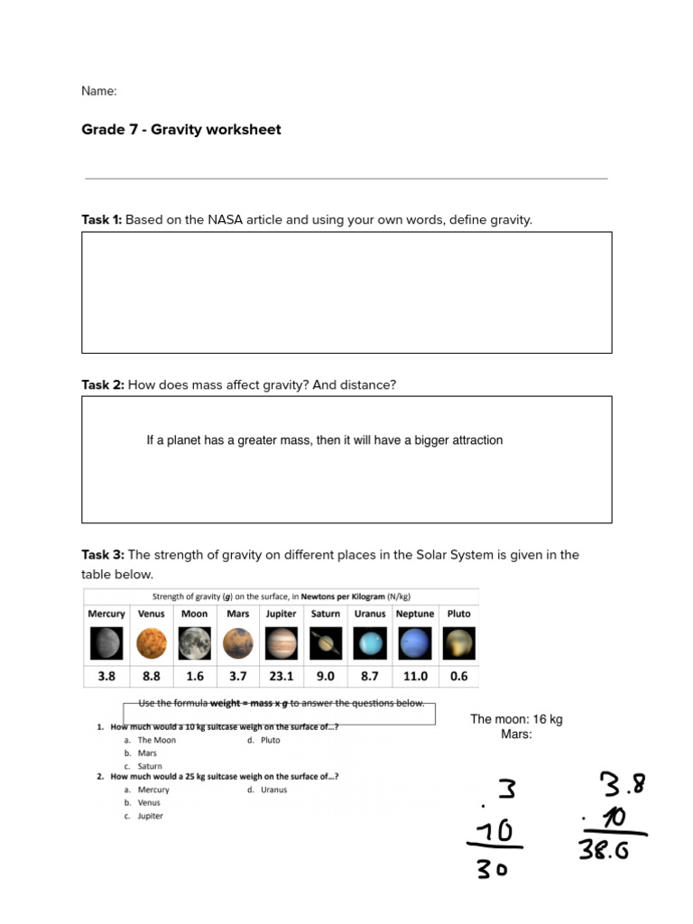 Grade 7 - Gravitational Force | PDF