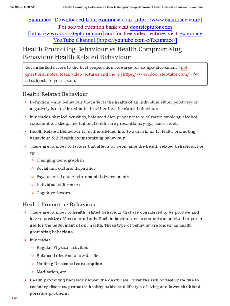 Health Promoting Behaviour VS Health Compromising Behaviour Health ...