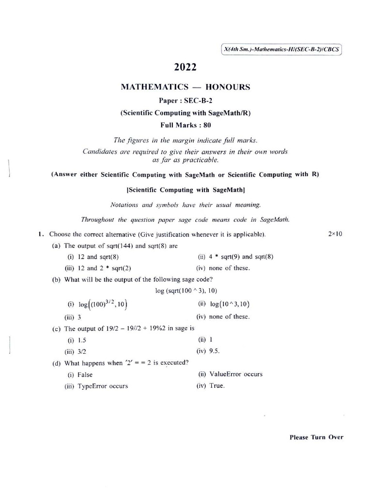CU-2022 B.sc. (Honours) Mathematics Semester-4 Paper-SEC-B-2 QP | PDF ...