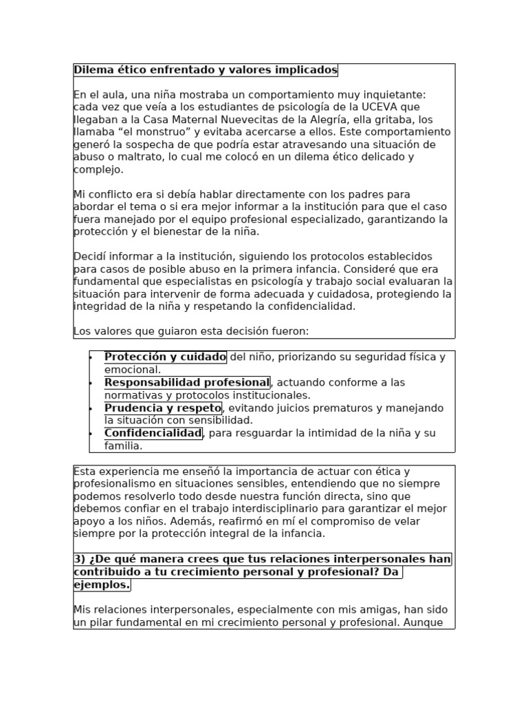 Dilema Ético Enfrentado y Valores Implicados | PDF | Salud mental | Las ...