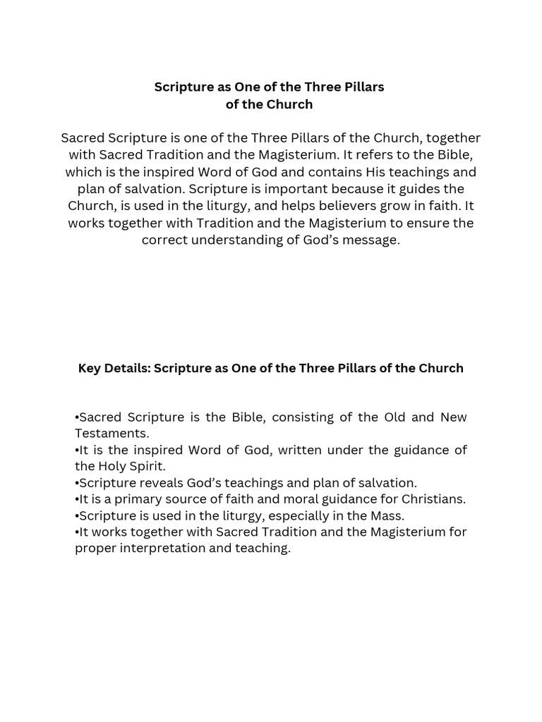 Scripture as One of the Three Pillars of the Church Sacred Scripture is ...