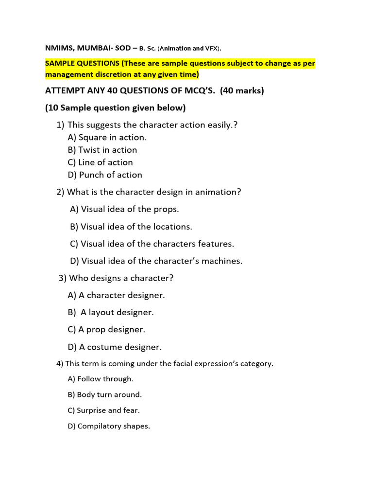 Sample Questions (BSC Animation) | PDF