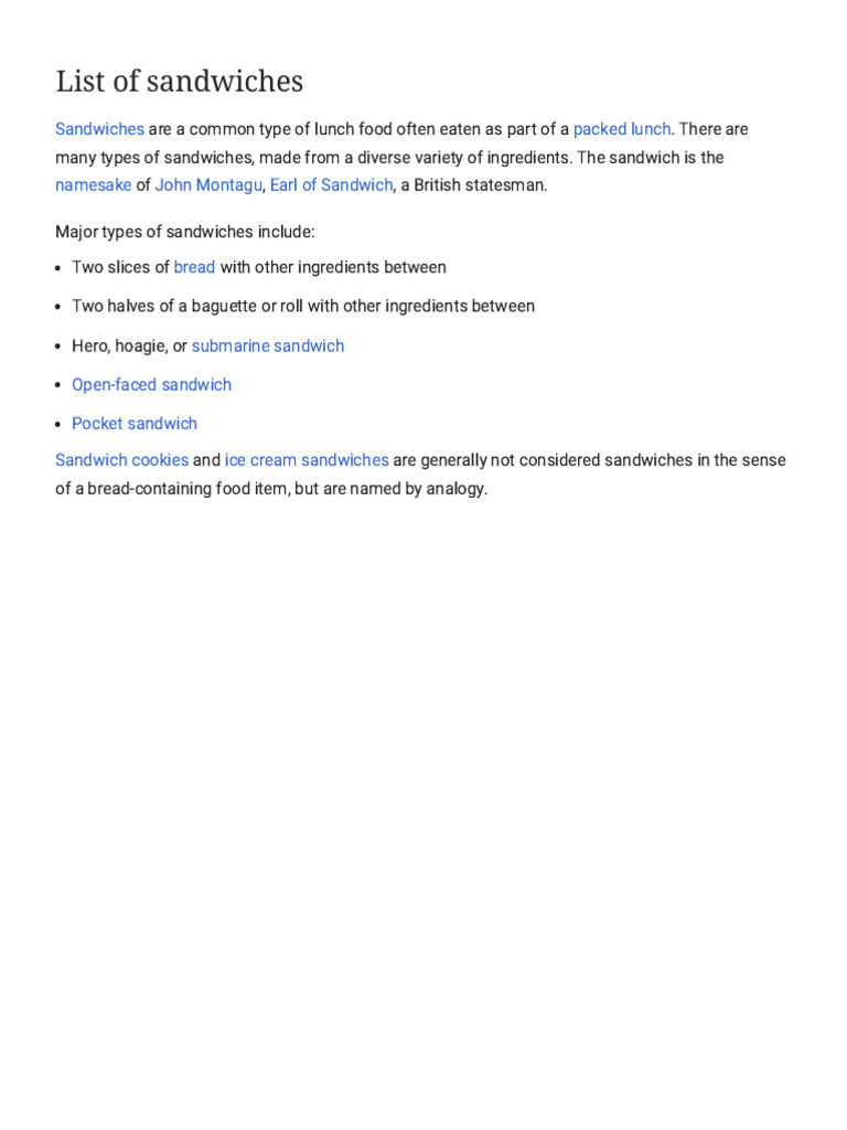 List of Sandwiches - Wikipedia | PDF | Hamburgers | Sausage