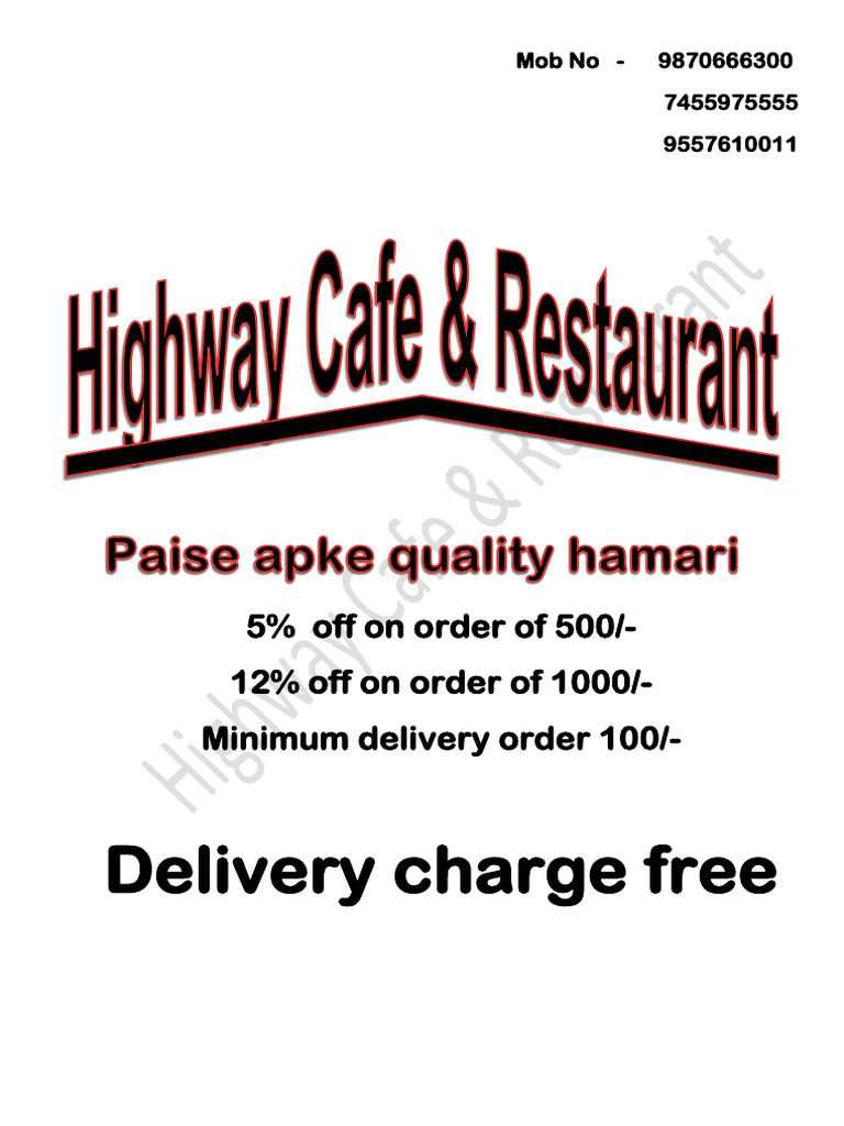 Highway & Cafe Restaurant Menu | PDF | Pasta | Sandwich