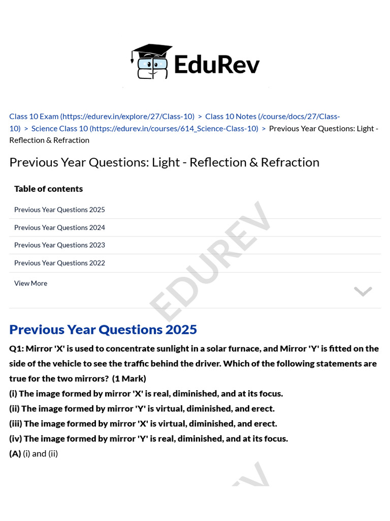 Class 10 Science Chapter 9 Previous Year Questions - Ray Optics - Light ...