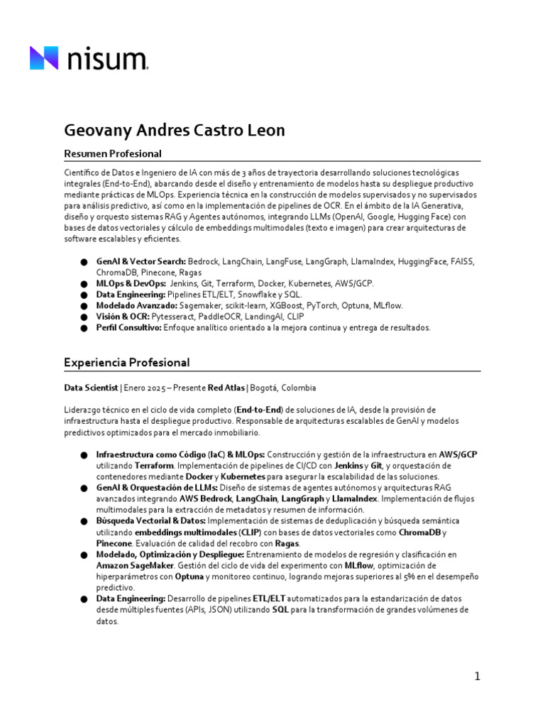 CV Geovany Andres Castro Leon - Formato Nisum | PDF | Simulación | Big Data