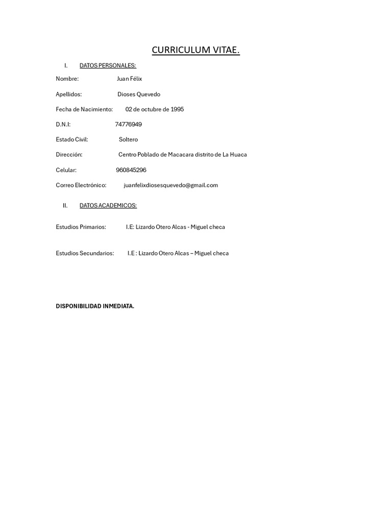 Cv Juan Felix Dioses Quevedo | PDF