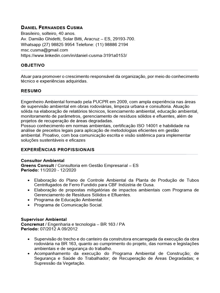 CV Engenheiro Ambiental Daniel F Cusma | PDF | Desperdício | Engenharia ...