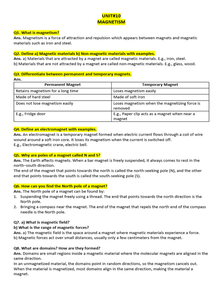 Grade 6 Science Sample Questions Unit 10 (2025-2026) | PDF | Magnet ...