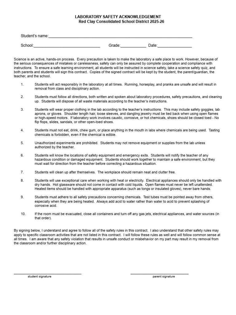Student+Lab+Safety+Agreements+SY2526 (1) | PDF | Laboratorios | Agua