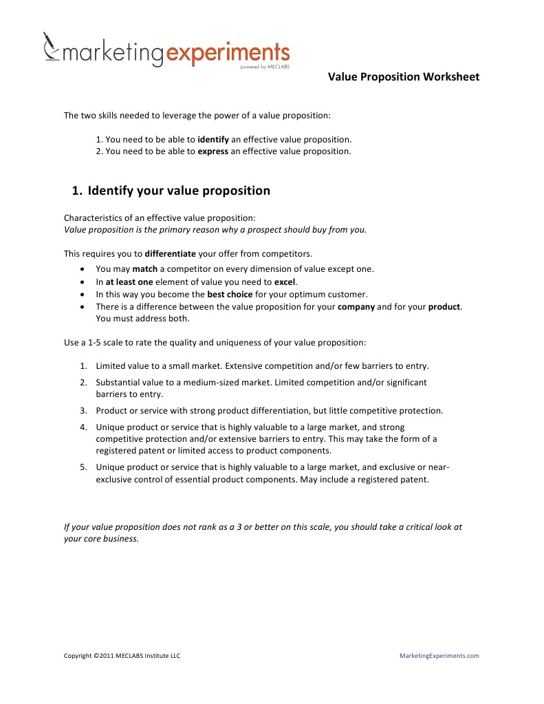 Value Proposition Development Worksheet From MarketingExperiments | PDF ...