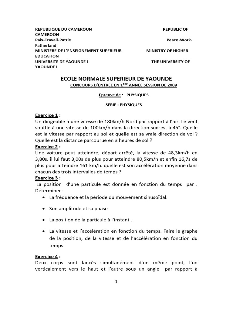 Orniformation Ens Yaoundé Bac Phy Phy 2009 | PDF | Mécanique ...