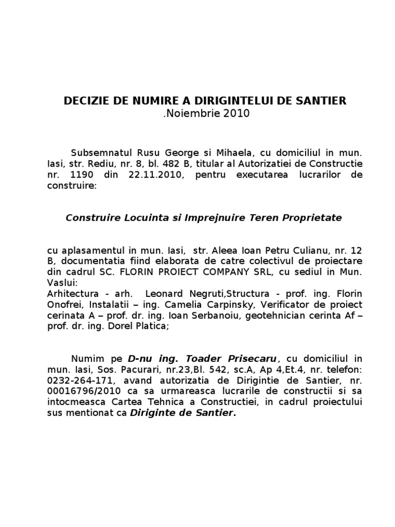 Decizie de Numire A Dirigintelui de Santier | PDF