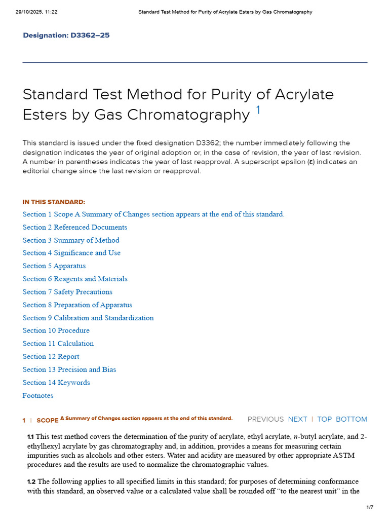 ASTM D3362-2025 Purity of AcrylateEsters by Gas Chromatography | PDF ...