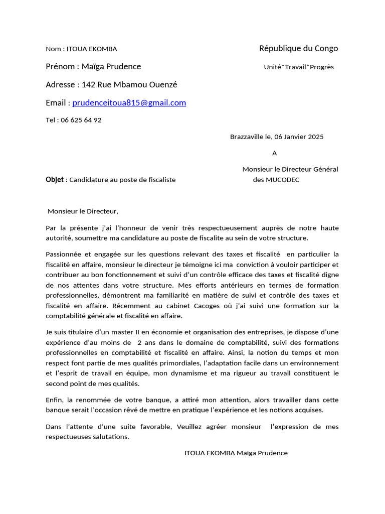 LETRE DE MOTIVATION ITOUA EKOMBA Maïga Prudence 3 | PDF