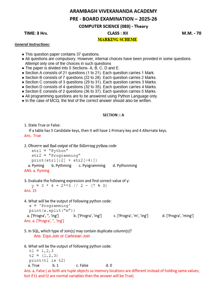 Xii Cs Pre Board Exam 2025-26 Marking Scheme | PDF | Parameter ...