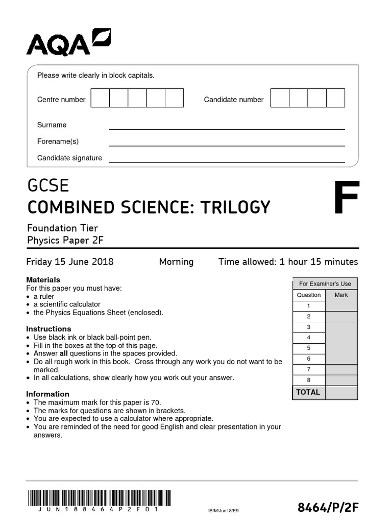 AQA GCSE Combined Science Trilogy Physics Foundation Paper 2 2018 | PDF ...