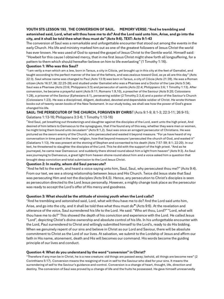 YOUTH STS LESSON 193_ THE CONVERSION OF SAUL | PDF | Paul The Apostle ...