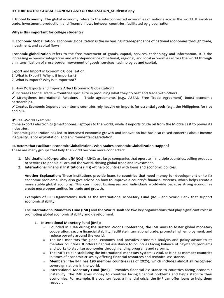 Lecture Notes On Global Economy and Globalization Students | PDF ...