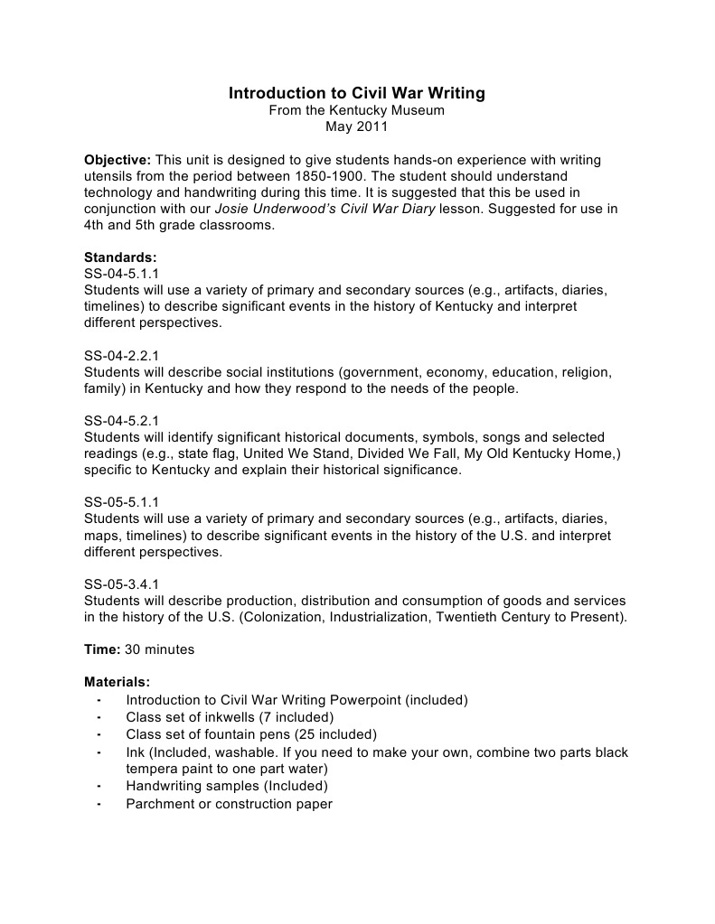 Civil War Writing Lesson Plan | PDF | Pen | Kentucky
