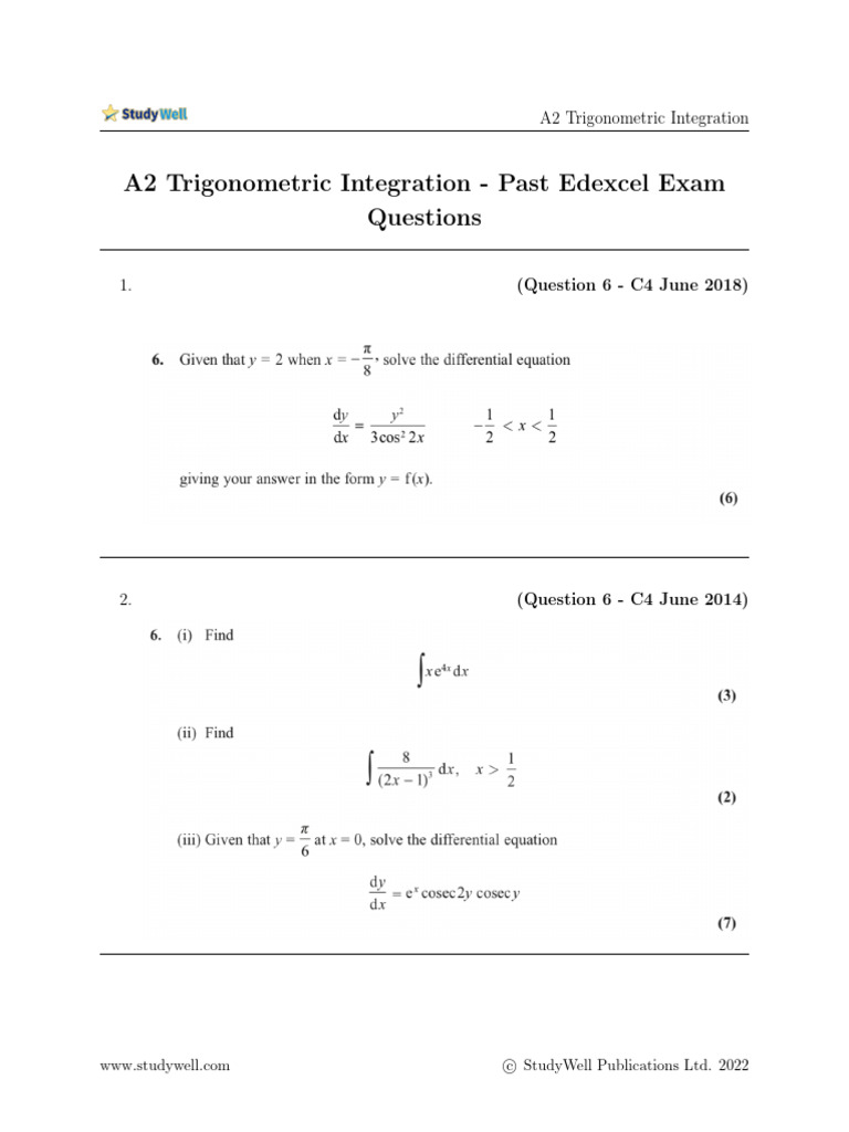 A 2 Trig Integration Exam Questions | PDF