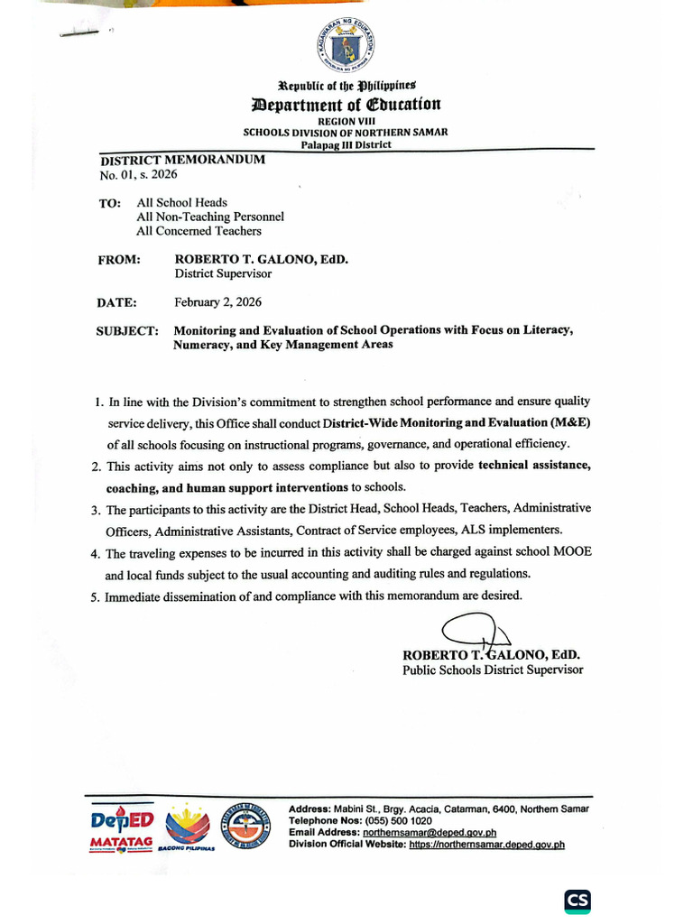 District Memo On Monitoring and Evaluation of School Operations With ...